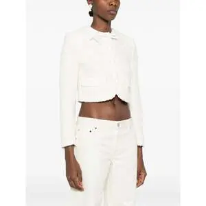 SELF-PORTRAIT Cropped Tweed Jacket With Lace Trim - Cream