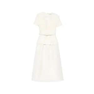 SELF-PORTRAIT Bouclé-knit Dress With Lace Collar And Peplum Hem - Cream