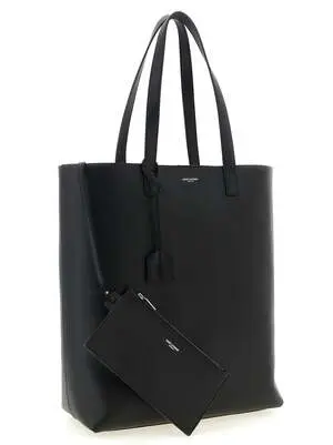 Saint Laurent Calfskin Leather Shopping Bag With Logo Print - Black