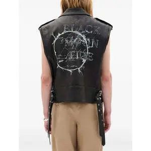 ANN DEMEULEMEESTER Grained Leather Sleeveless Biker Jacket With Graphic Print