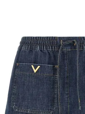 Valentino Garavani Chambray Denim Shorts With Vlogo Detail - Blue