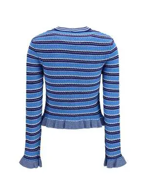 GANNI Striped Cotton Cardigan With Puff Cuffs - Blue