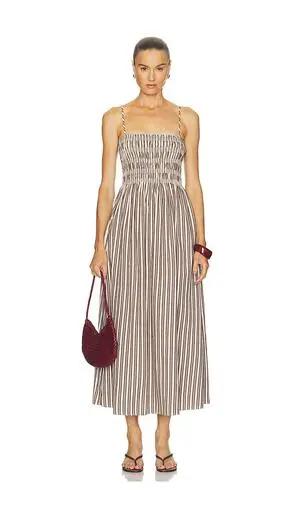 PISTOLA Bianca Shirred Midi Dress With Vertical Stripes