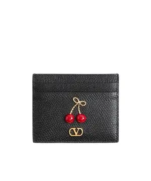 Valentino Garavani Cherryfic Cardholder In Grainy Calfskin - Black