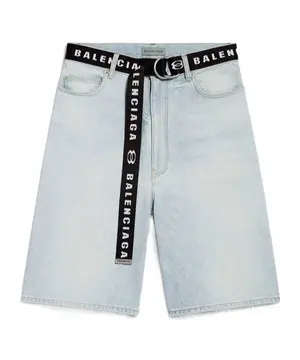 Balenciaga Logo Belt Denim Shorts - Light Blue