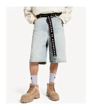 Balenciaga Logo Belt Denim Shorts - Light Blue