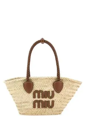 Miu Miu Woven Raffia Shopping Bag With Leather Accents - Brown
