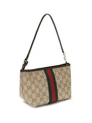 Gucci Small Gg Canvas Pouch With Web Stripe And Leather Strap - Cream