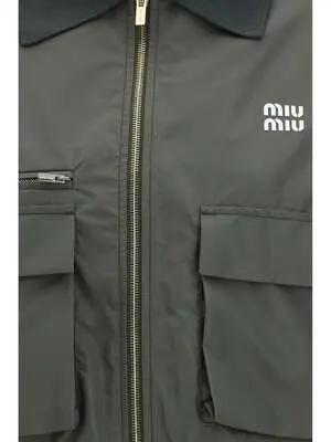 Miu Miu Technical Fabric Zip-up Jacket With Leather Details