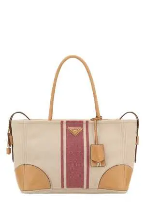 Prada Large Canvas Shopping Bag With Leather Trim - Brown
