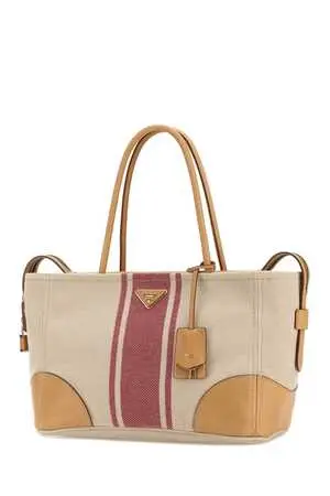 Prada Large Canvas Shopping Bag With Leather Trim