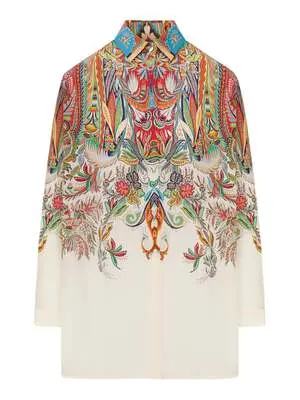 Etro Long Silk Shirt With Placed Paisley Foliage Print - Multicolor