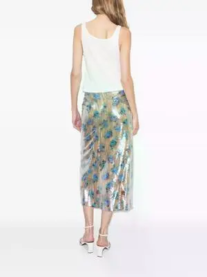 Tory Burch Sequin Pencil Skirt With Blue Rose Print