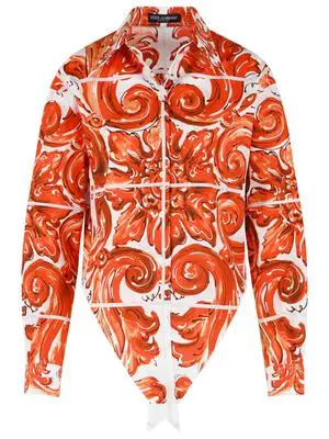 Dolce & Gabbana Majolica Print Cotton Poplin Shirt - Orange