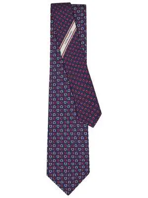 FERRAGAMO Gancini Print Silk Neck Tie - Blue