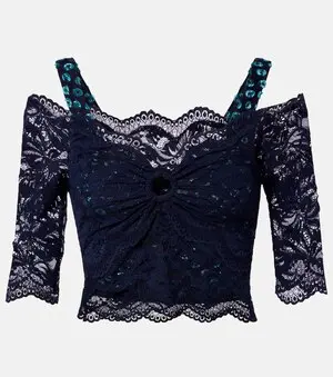 Rabanne Trompe L'oeil Lace And Velvet Crop Top - Blue