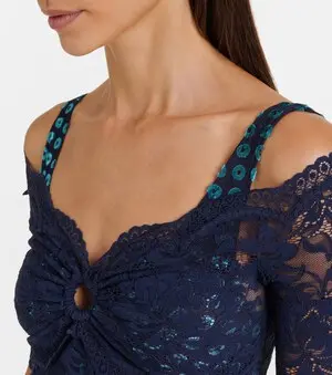 Rabanne Trompe L'oeil Lace And Velvet Crop Top - Blue
