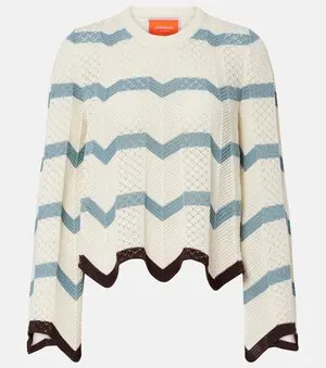 La DoubleJ Chevron Crochet Cropped Cotton Sweater - Blue