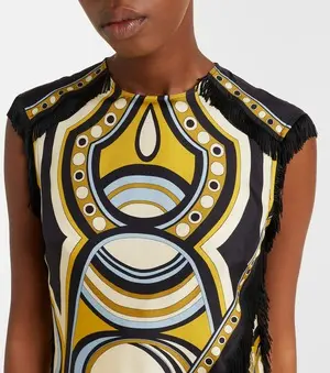 La DoubleJ Fringed Printed Silk Voile Top - Black