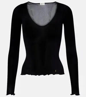 Saint Laurent Ribbed-knit Silk V-neck Top