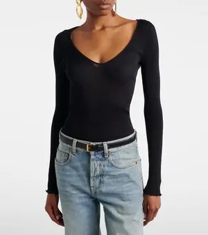 Saint Laurent Ribbed-knit Silk V-neck Top