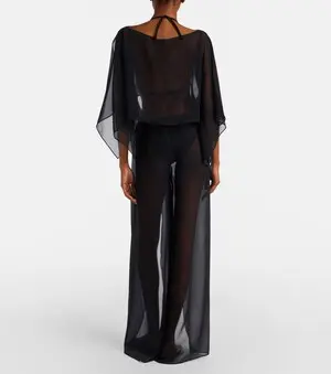 Balmain Monogram Sheer Silk Wide-leg Pants