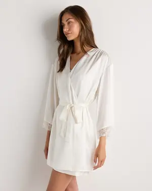 Quince Satin Lace Trim Robe - Ivory