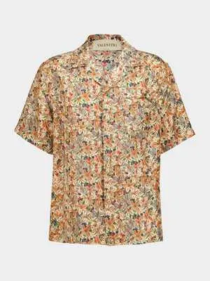 Valentino Garavani Beige Bowling Shirt In Silk With Papier Floral Print - Multicolour