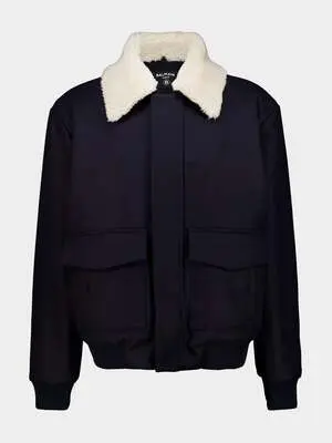 Balmain Wool Bomber Jacket With Shearling Collar - Blue