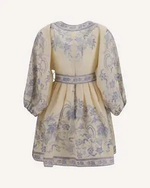 Zimmermann Indra Plunge Mini Dress With Printed Pattern And Puff Sleeves - Multicolour