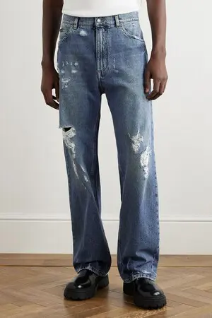 Dolce & Gabbana Straight Fit Logo Appliqué Distressed Denim Jeans