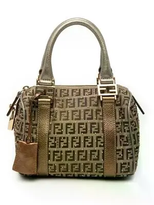 Fendi Mini Zucchino Canvas Forever Studded Bauletto Boston Bag - Neutrals