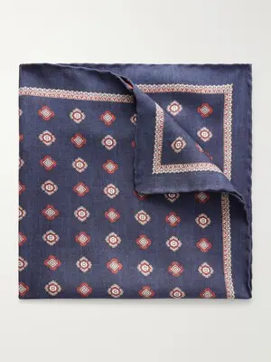 Brunello Cucinelli Printed Silk Pocket Square - Blue