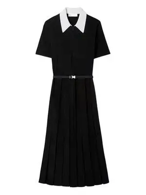 Tory Burch Monogram Pointelle Pleated Dress - Black