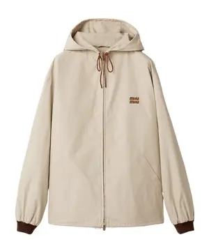 Miu Miu Zip-up Hooded Jacket With Leather Logo - Limestone