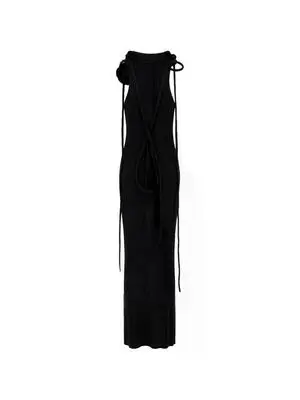 Off-White Ribbed Cut-out Dress With Floral Appliqu