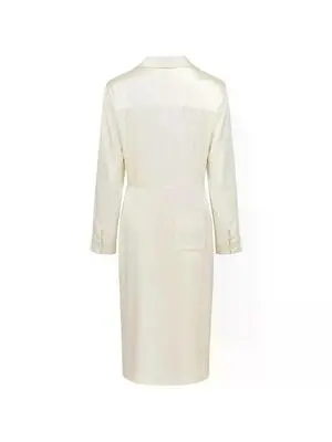 Off-White Satin Midi Dress With Notched Lapels And Wrap Design