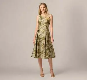 Adrianna Papell Floral Jacquard Tea Length Dress - Olive Multi