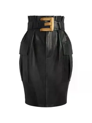 Balmain Belted Lambskin Skirt - Black
