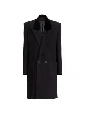 Balmain Long Wool And Velvet Coat - Black