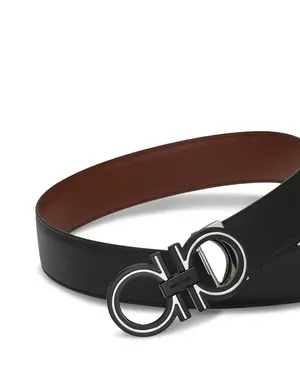 FERRAGAMO Oversized Double Gancini Reversible Leather Belt - Nero