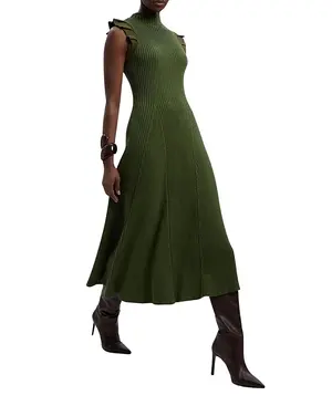 Karen Millen Pointelle Frill Sleeve Knit Midi Dress - Olive