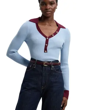 Karen Millen Rib Knit Collared Top With Contrast Hem
