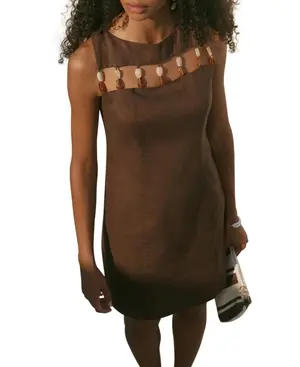 Mint Velvet Linen Beaded Mini Dress - Brown