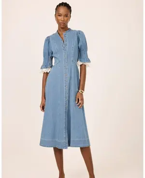 Mint Velvet Denim Crochet Trim Midi Dress