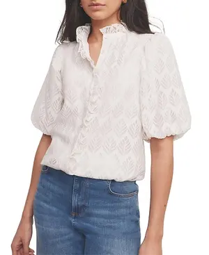 Mint Velvet Jacquard Ruffle High Neck Puff Sleeve Blouse