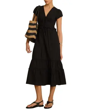 Mint Velvet Cotton Midi Dress With V-neck And Puff Sleeves