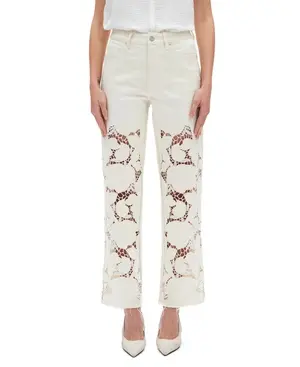 BAYEAS High Rise Relaxed Straight Jeans With Floral Cutout Embroidery