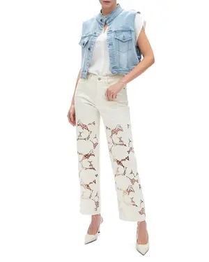 BAYEAS High Rise Relaxed Straight Jeans With Floral Cutout Embroidery