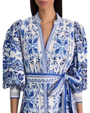 Alice + Olivia Cora Tiered Maxi Dress With Mandarin Collar And Print